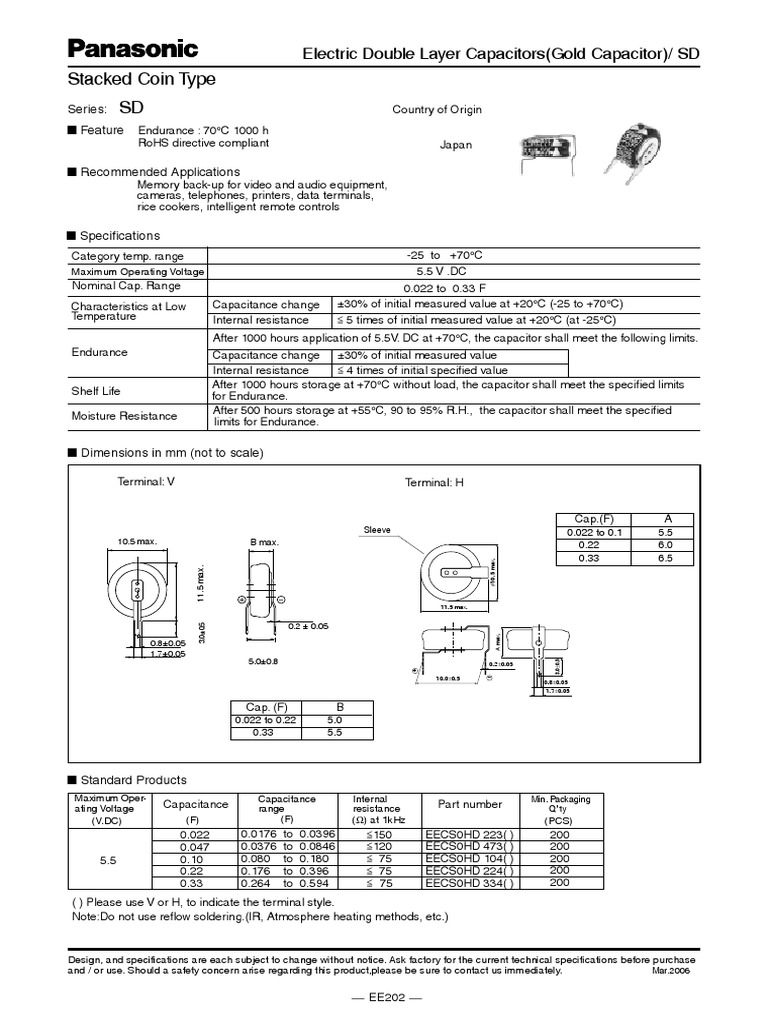 Specification Sheet for Stacked Coin Type Electric Double Layer ...