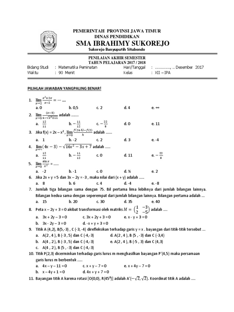 Soal MTK Peminatan Kls Xii Ipa 2017 Gasal | PDF