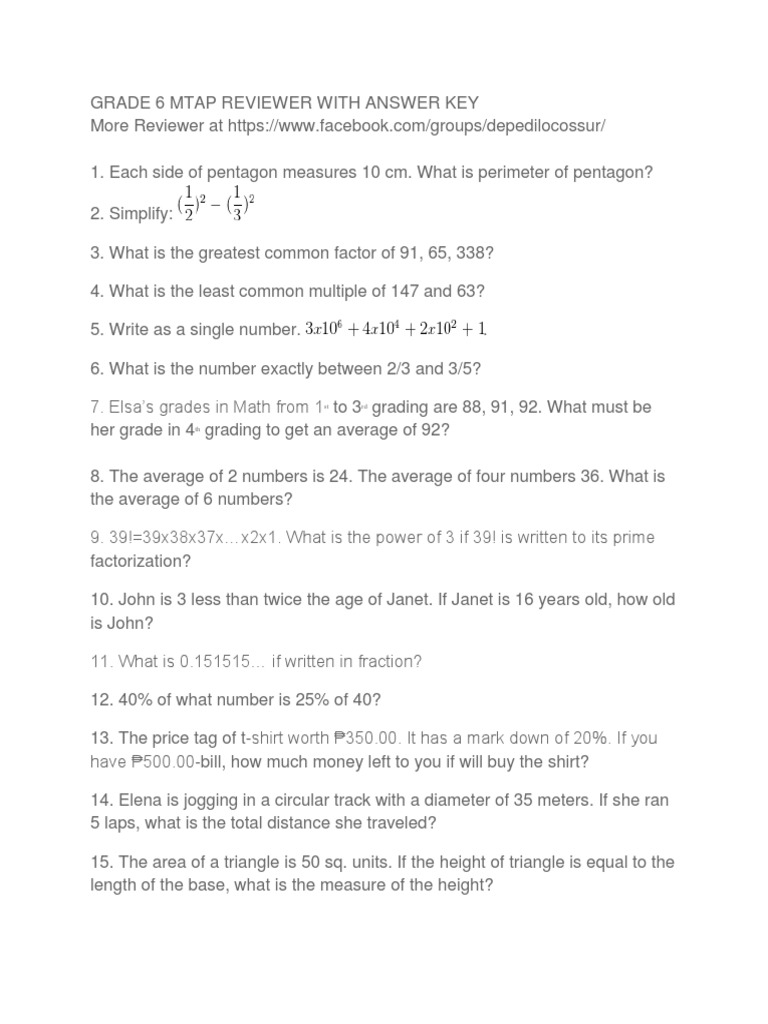Grade 6 Mtap Reviewer With Answer Key | PDF