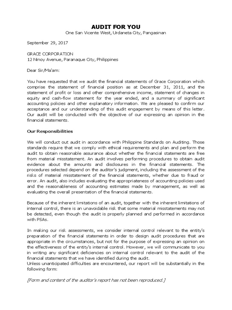 Engagement Letter Sample | PDF | Internal Control | Audit