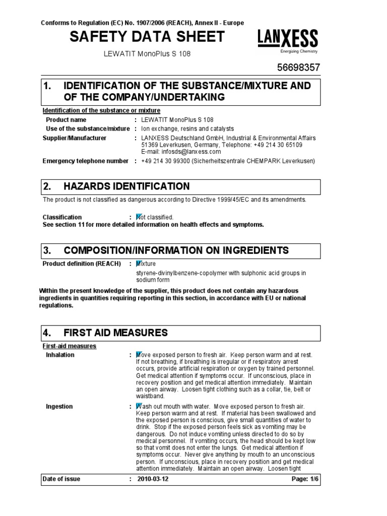 Ion Exchange Resin Lewatit s108 Material Safety Data Sheet | PDF ...