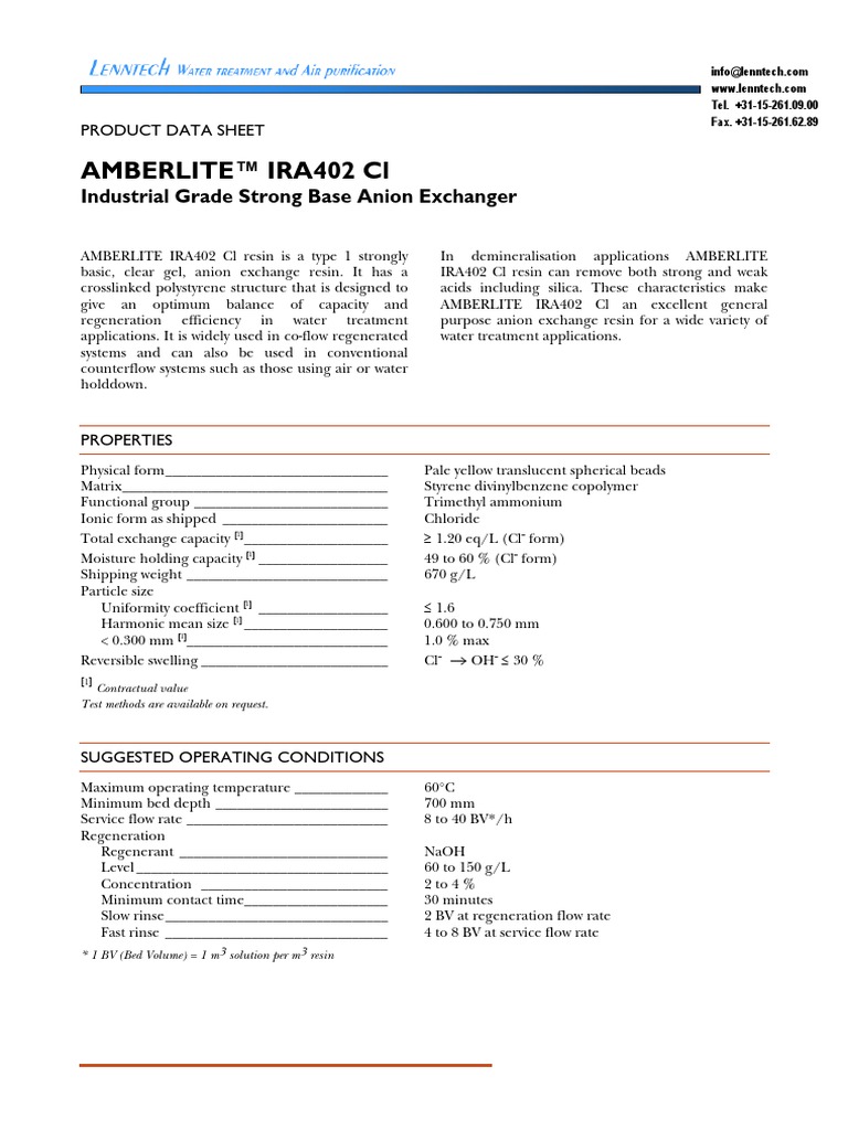 Amberlite™ Ira402 CL: Industrial Grade Strong Base Anion Exchanger | PDF | Chloride | Flow ...