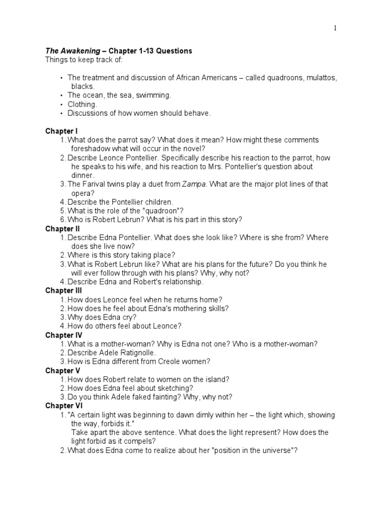 The Awakening - Chapter 1-13 Questions | PDF | The Awakening (Chopin Novel)