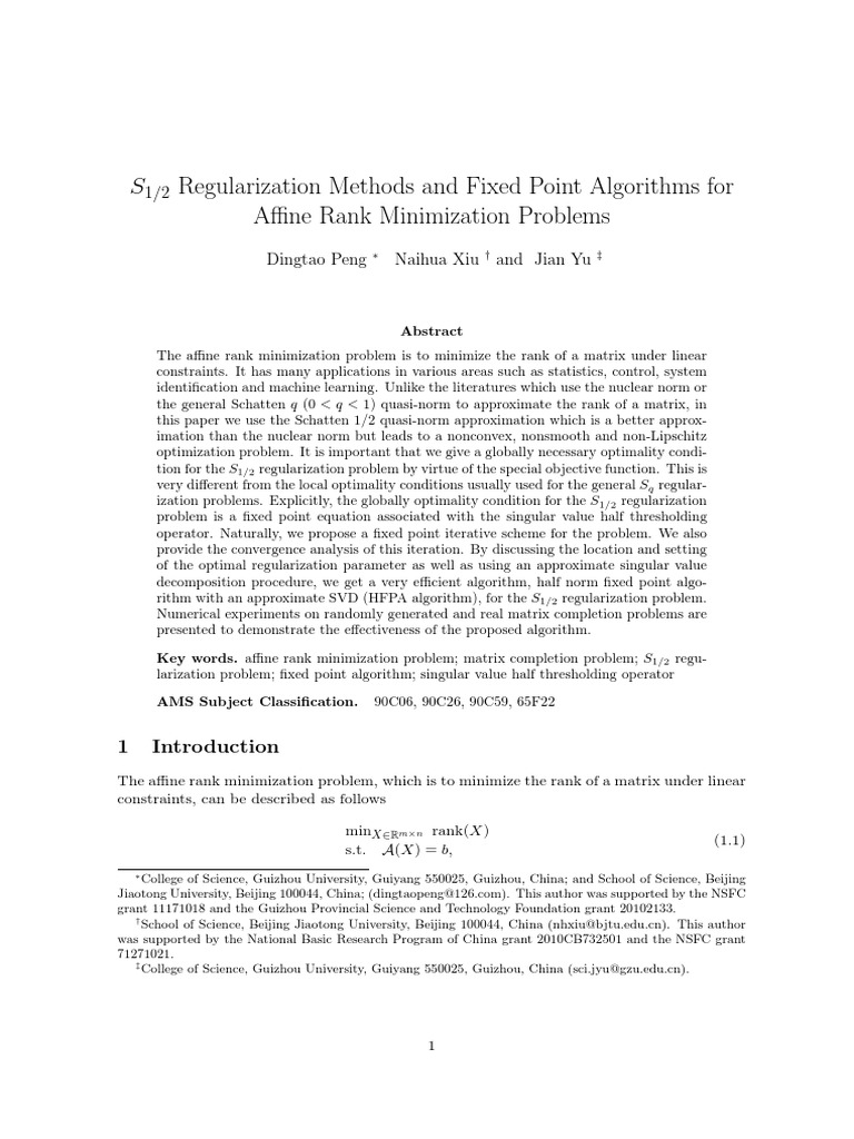 Regularization Methods and Fixed Point Algorithms For A Ne Rank Minimization Problems | PDF ...
