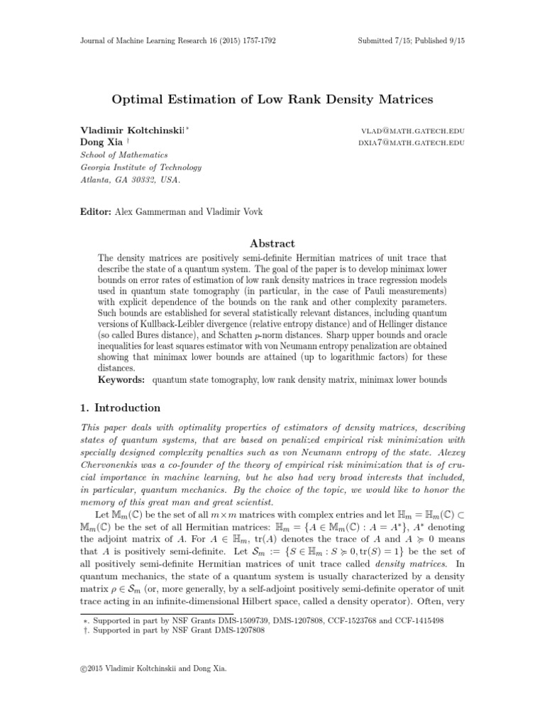 Optimal Estimation of Low Rank Density Matrices: Vladimir Koltchinskii | PDF | Hilbert Space ...