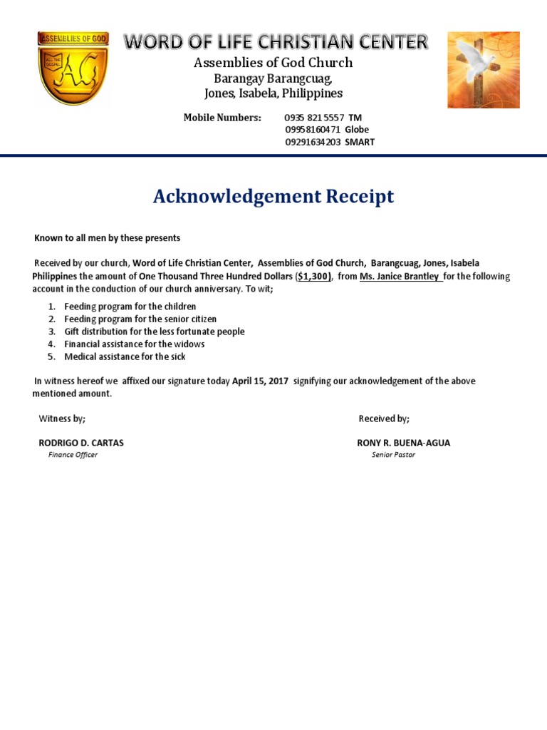 Acknowledgement Receipt: Assemblies of God Church | PDF | Religion ...