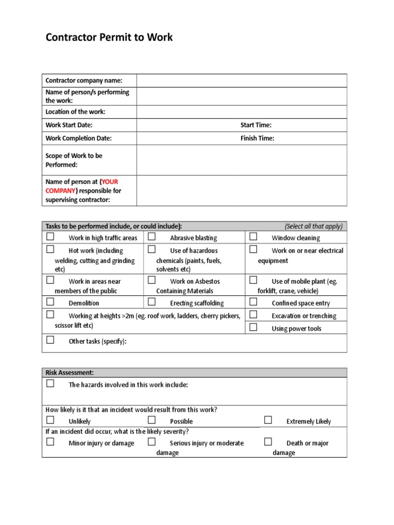 Contractor Permit To Work | PDF | Safety | Occupational Safety And Health