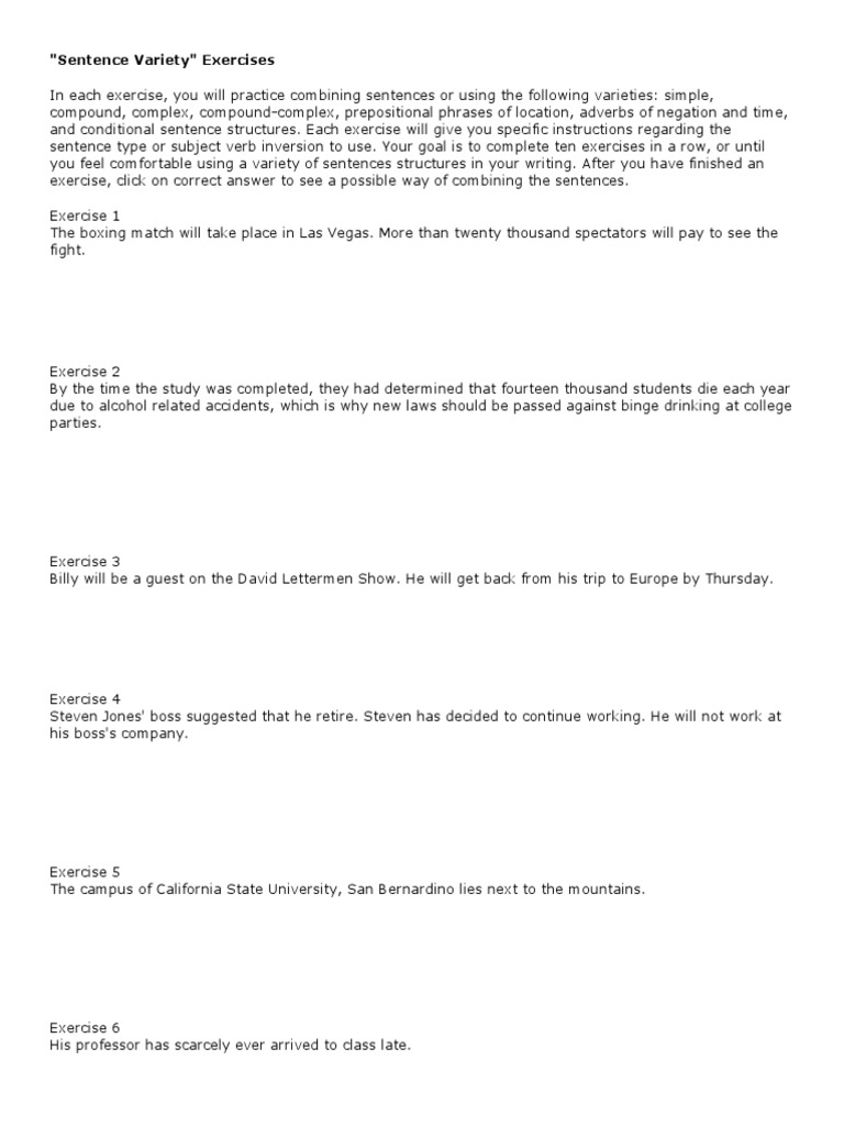 Sentence Variety Practice Exercises | PDF | Sentence (Linguistics ...