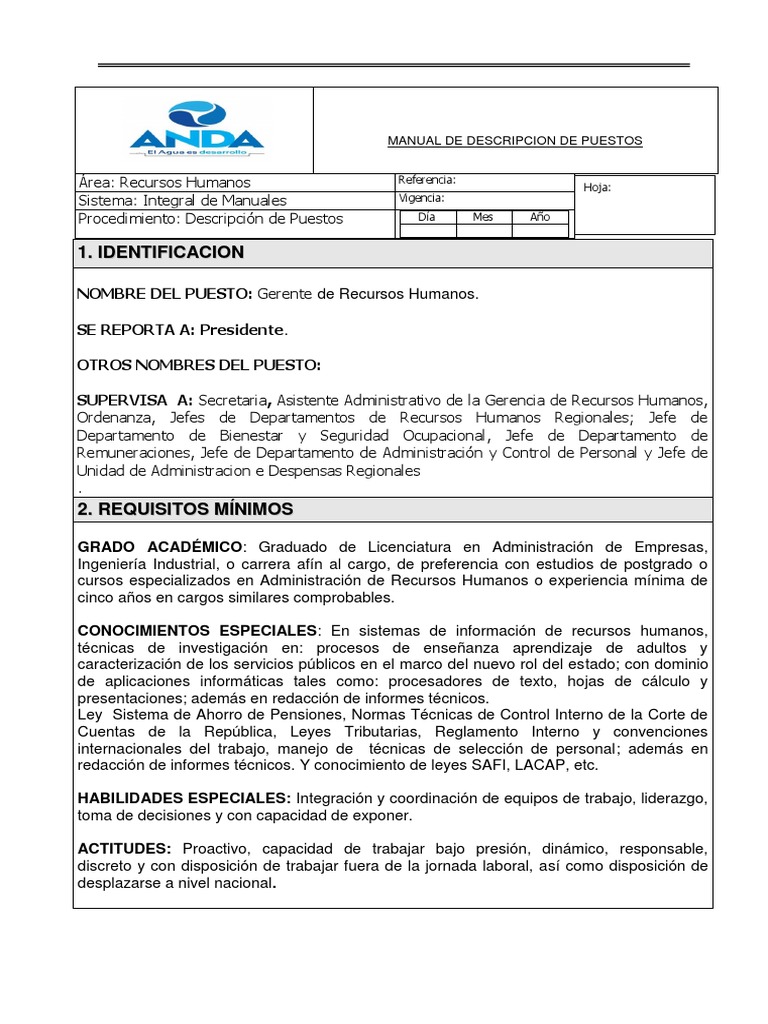 Manual de Descripcion de Puestos Anda | Gestión de recursos humanos | Presupuesto