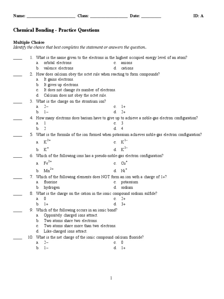 Chemical Bonding - Practice Questions: Identify The Choice That Best ...