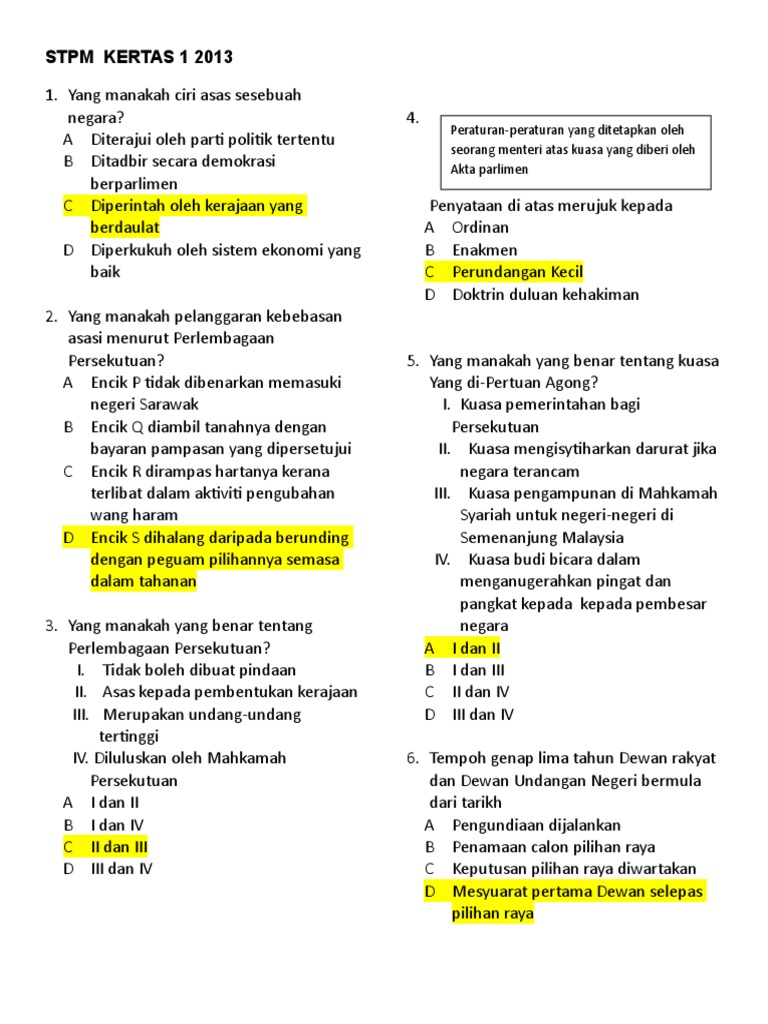 P1 Bah A STPM 2013-2017 (Soalan) - JAWAPAN | PDF