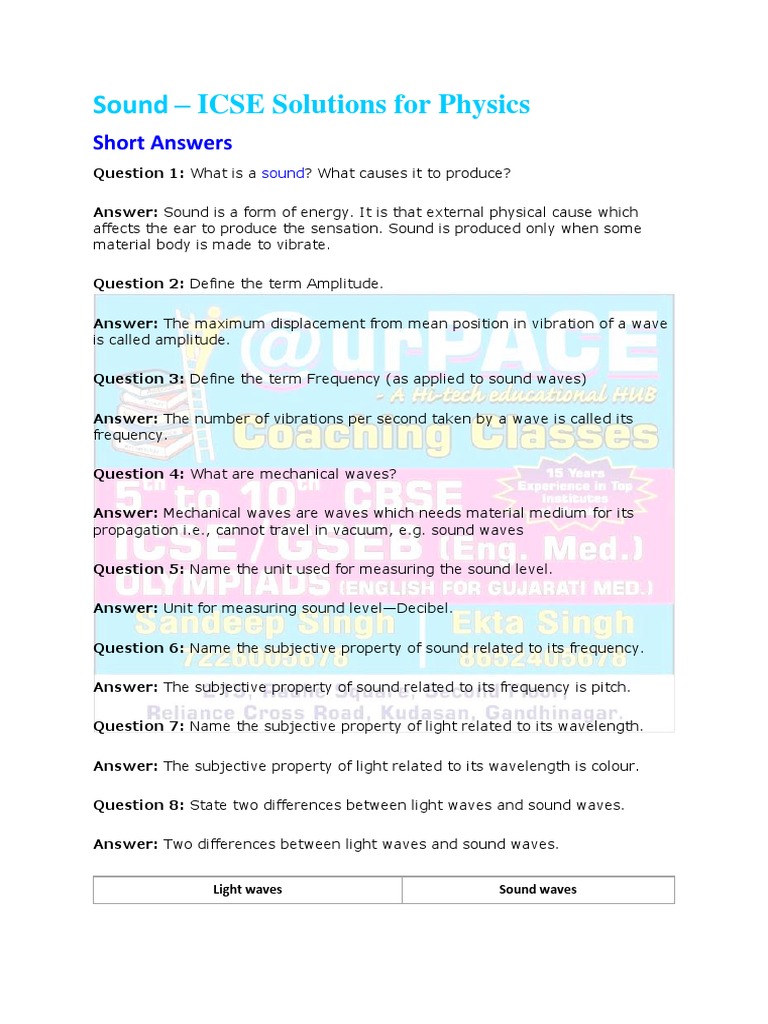 Sound - ICSE Solutions For Physics: Short Answers | PDF | Sound | Resonance