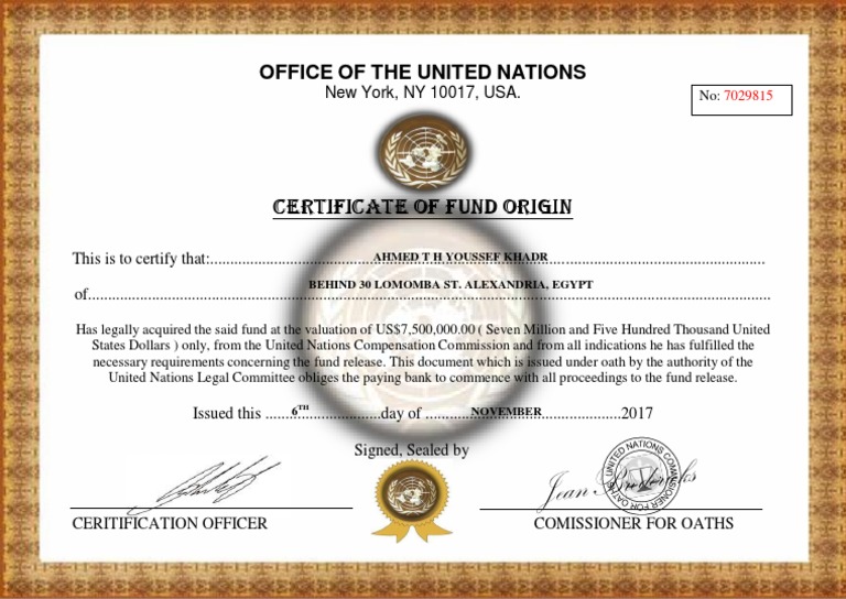 Fund Origin Certificate