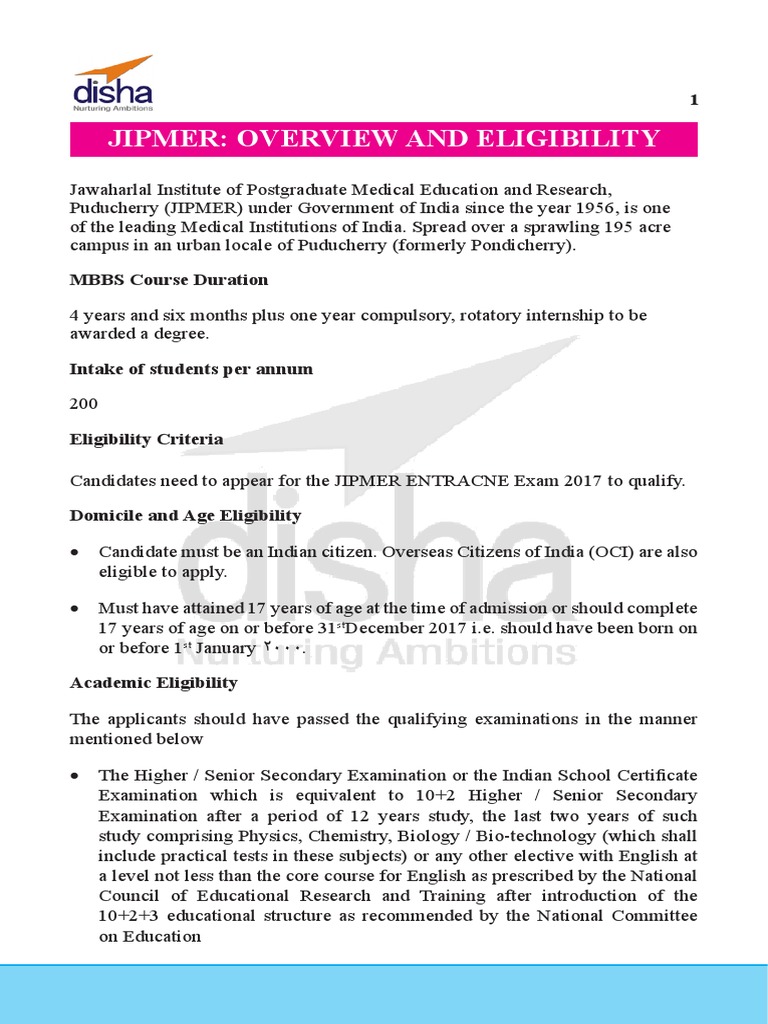 JIPMER - Overview and Eligibility | PDF | Test (Assessment ...