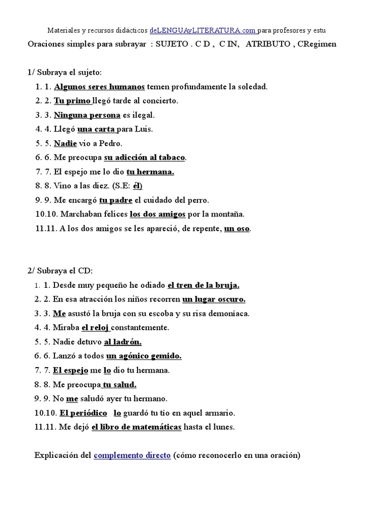 Analisis de Oraciones Simples Para Subrayar : S,CD,CD, CI, CCC ...