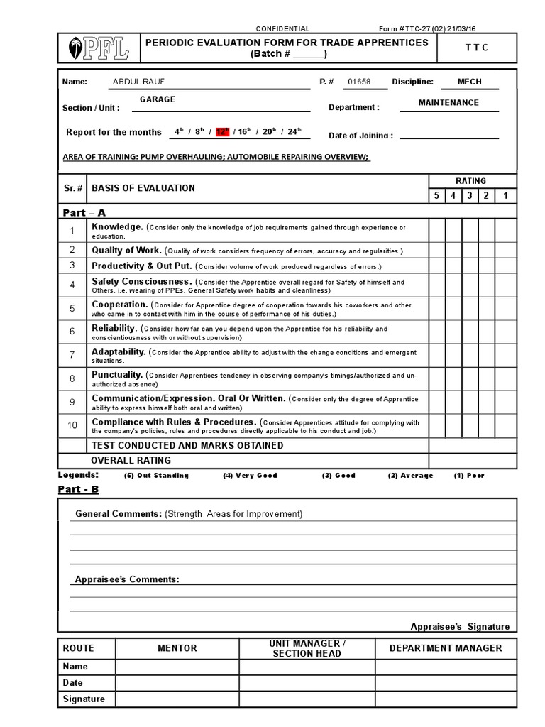 Trade Apprentice Evaluation Form | PDF | Apprenticeship | Reliability ...