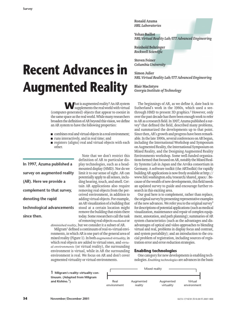 Recent Advances in Augmented Reality: Ronald Azuma | PDF | Augmented ...