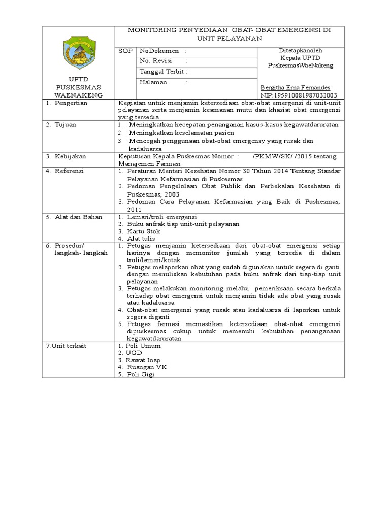 SOP Monitoring Penyediaan OBAT EMERGENCY | PDF | Kesehatan Holistik | Sains & Matematika