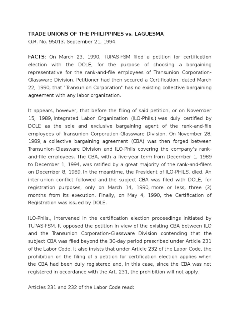 Trade Unions of The Philippines vs. Laguesma - Digest | PDF ...