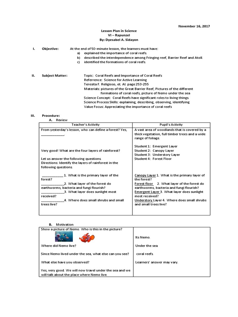Lesson Plan in Science 6 CORAL REEFS AND IMPORTANCE OF CORAL REEFS ...