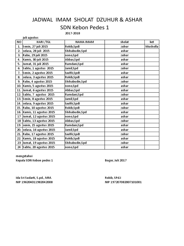 Jadwal Imam Sholat | PDF