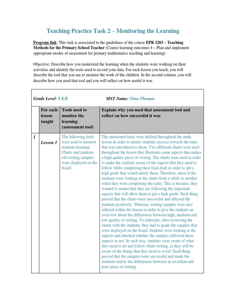 Teaching Practice Task 2 - Monitoring The Learning: Grade Level MST ...
