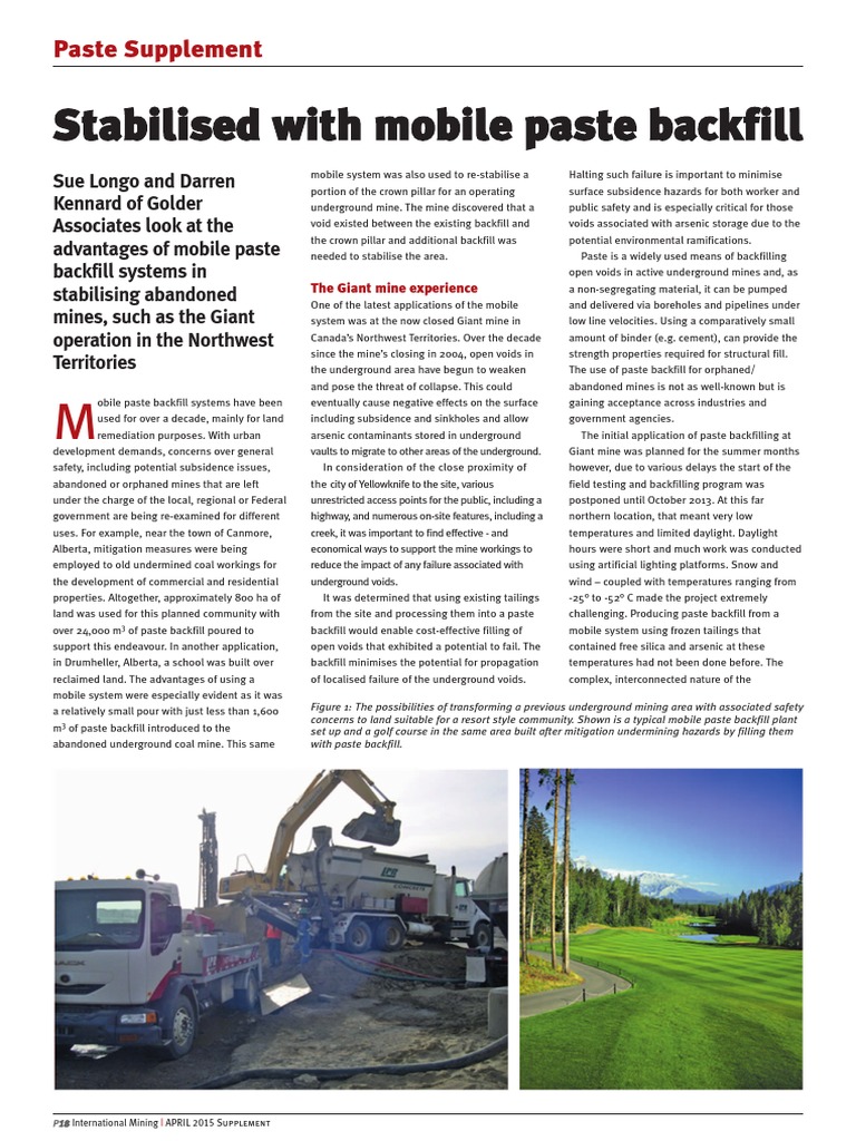 Stabilized Mobile Paste Backfill North Longo April2015 | PDF | Mining ...