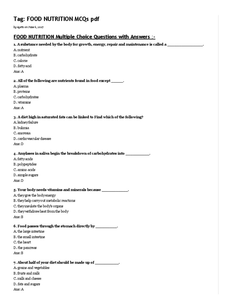 Food Nutrition Mcqs PDF 2017 | PDF | Nutrition | Diet & Nutrition