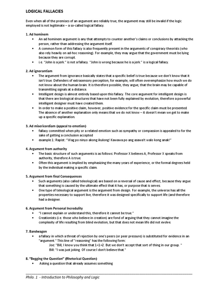 Logical Fallacies: 1. Ad Hominem | PDF | Argument | Fallacy