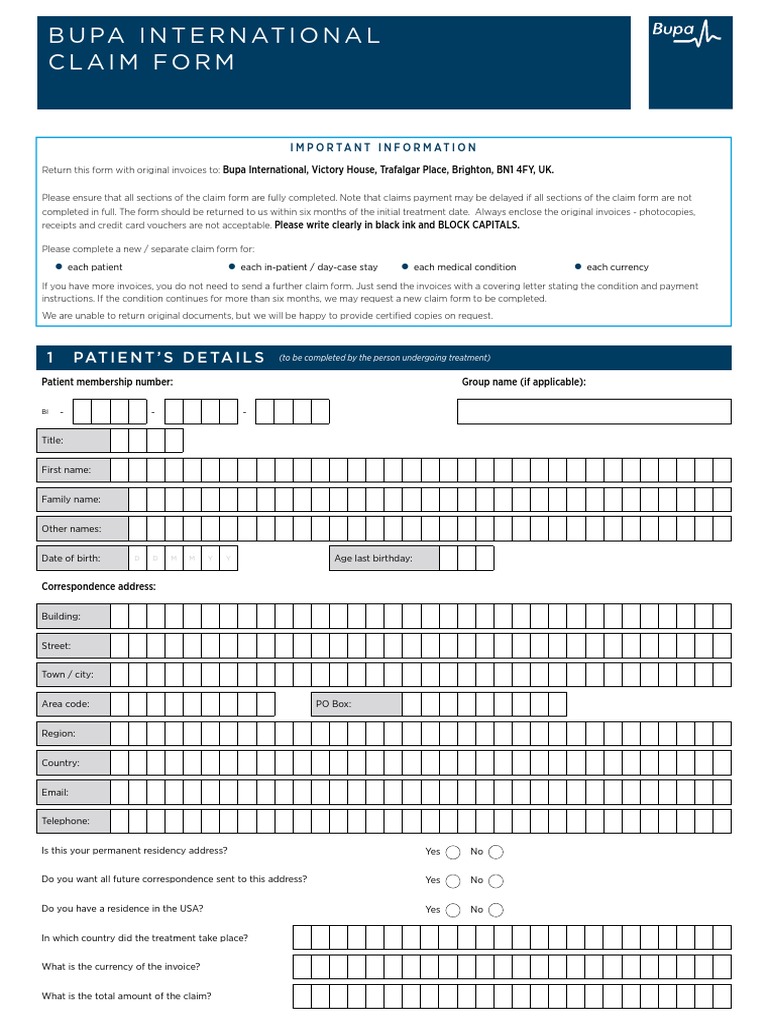 Bupa International Claim Form: 1 Patient'S Details | PDF | Payments ...