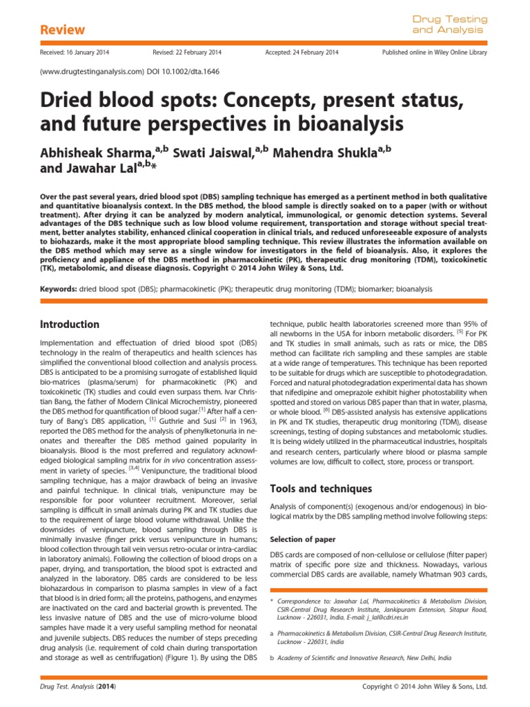 Dried Blood Spots - Concepts, Present Status, and Future Perspectives ...