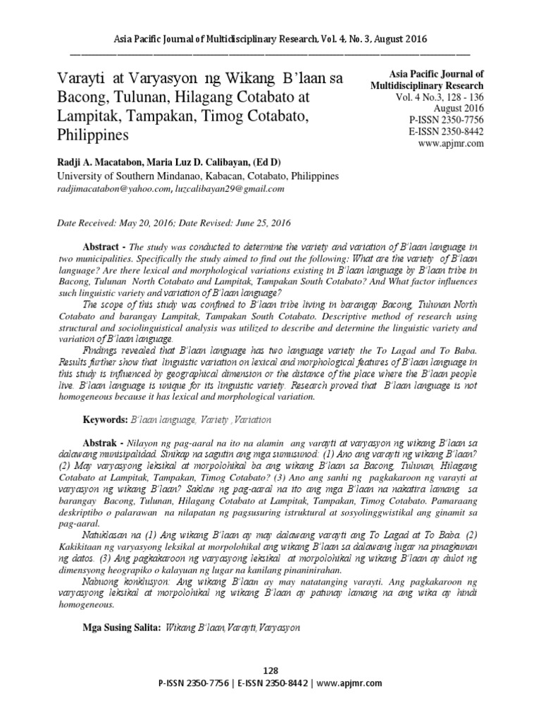 Varayti at Varyasyon NG Wikang B'Laan Sa Bacong, Tulunan, Hilagang ...