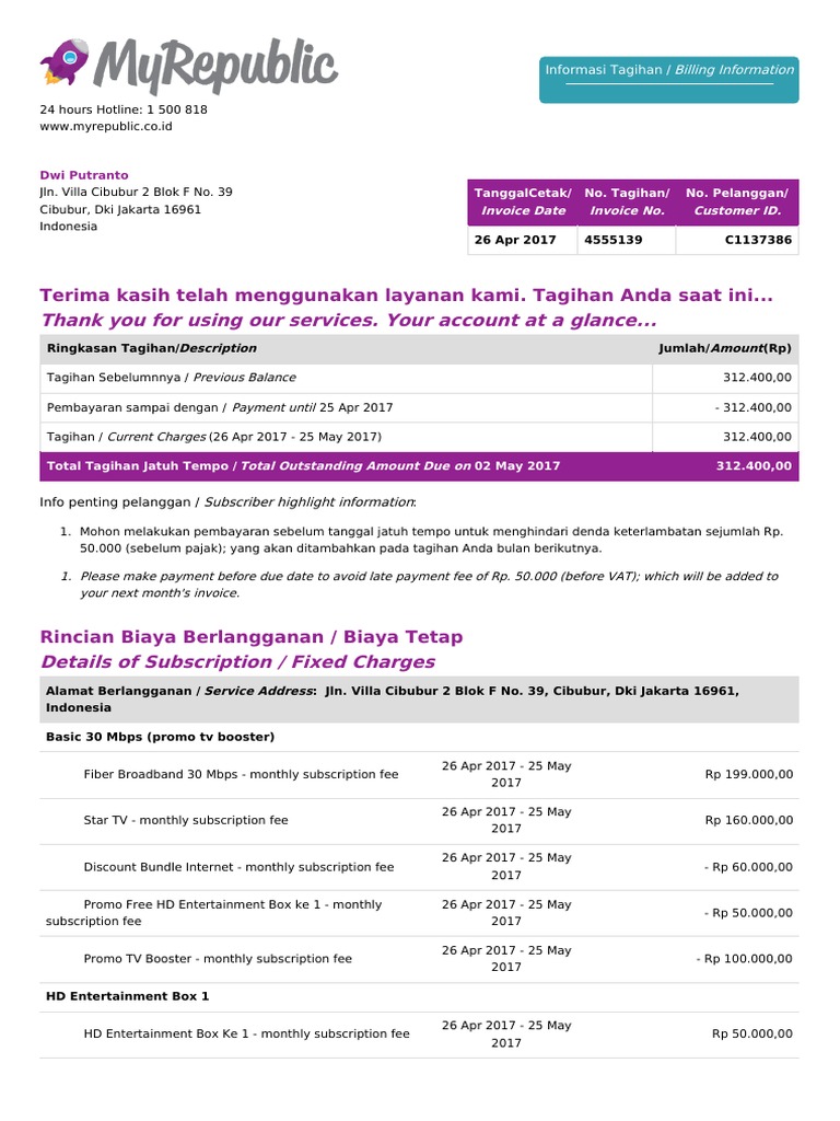 MyRepublic Indonesia Invoice Summary | PDF