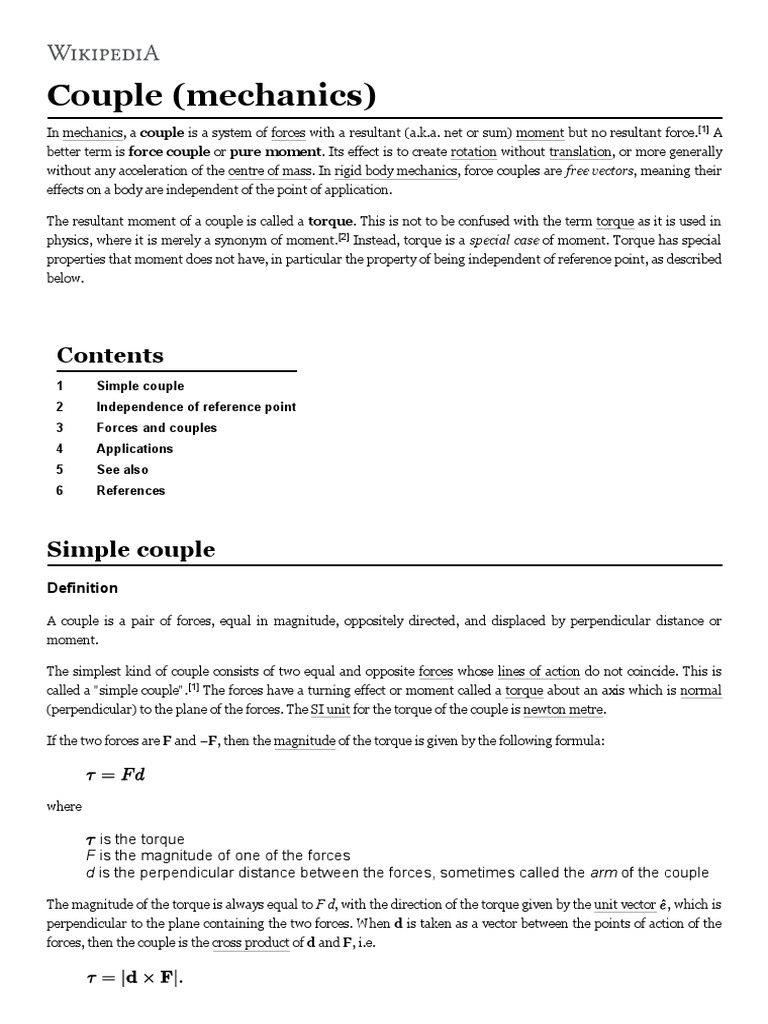 Couple (Mechanics) - Wikipedia | Torque | Force