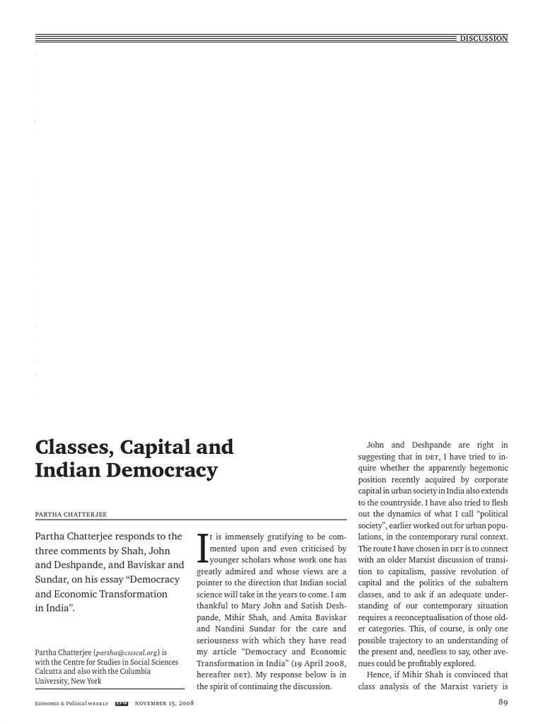 Partha Chatterjee - EPW.2008.response PDF | PDF | Caste | State (Polity)
