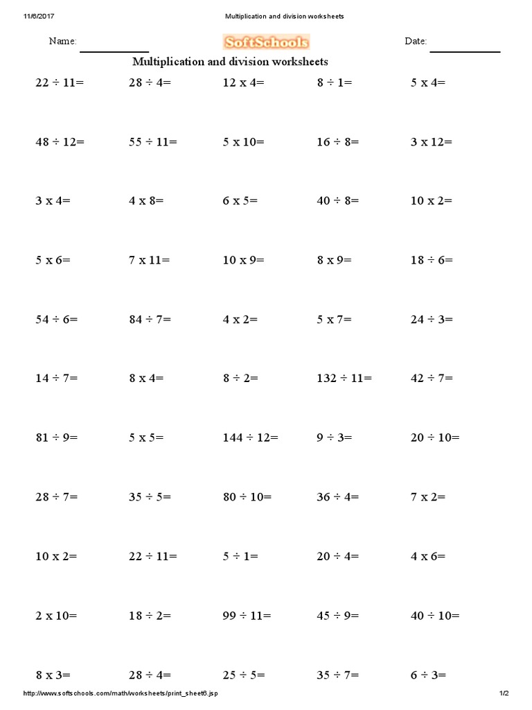 Multiplication and Division Worksheets: Name: Date | PDF | Teaching ...