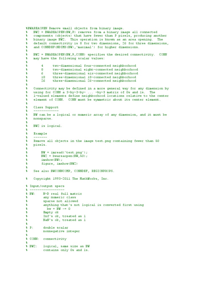 BWAREAOPEN Remove Small Objects From Binary Image | PDF | Technology ...