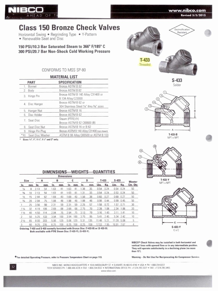 NIBCO Check Valve (T-433) | PDF | Valve | Chemical Engineering