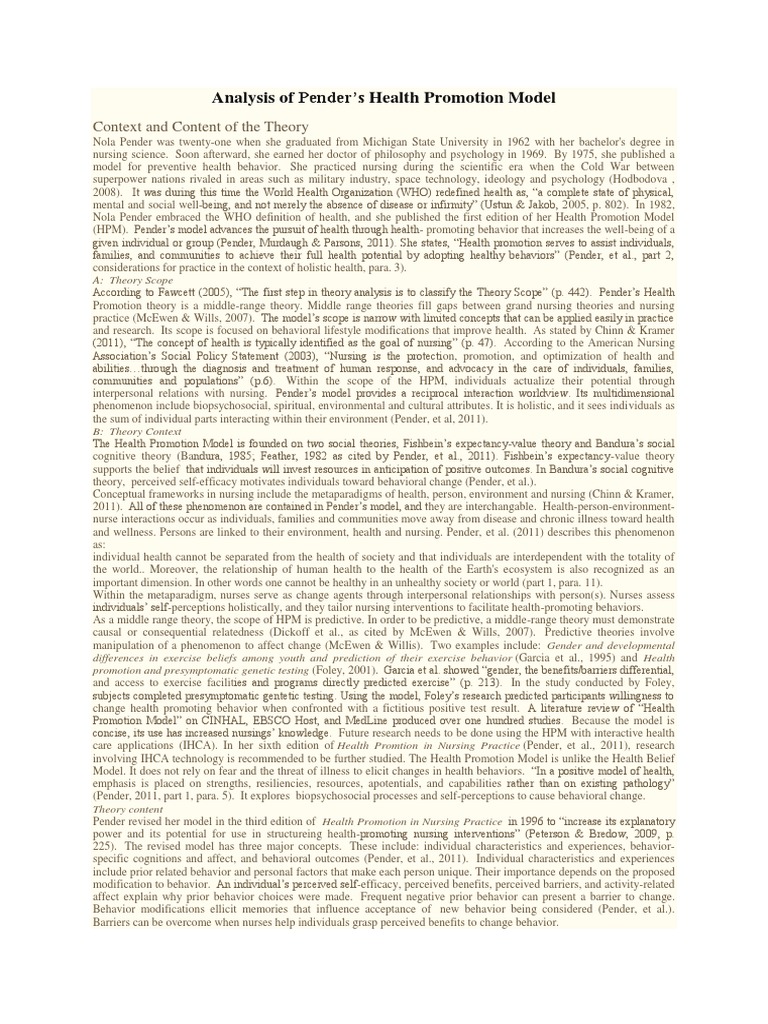 Analysis of Pender's Health Promotion Model: Context and Content of The ...