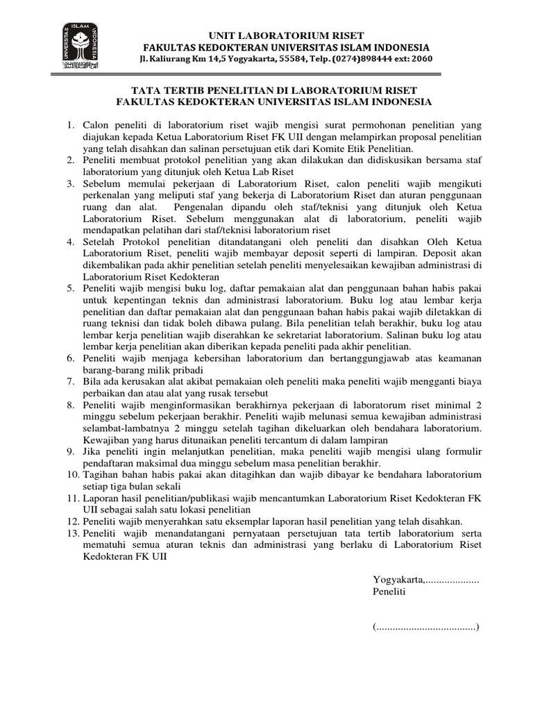 Tata Tertib Penelitian Di Laboratorium Riset FK Uii | PDF