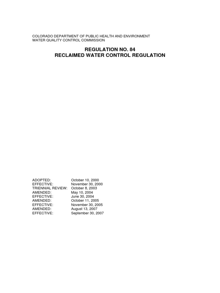 Cdphe Reg. 84 - Reclaimed Water Control Regulation | PDF | Reclaimed ...