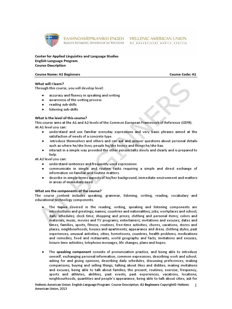 A1 Beginners Course Description | PDF | Question | Morphology