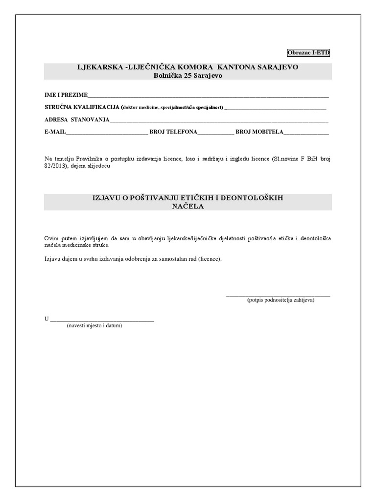 Obrazac I ETD Izjava o Postivanju Etickih I Deontoloskih Nacela | PDF