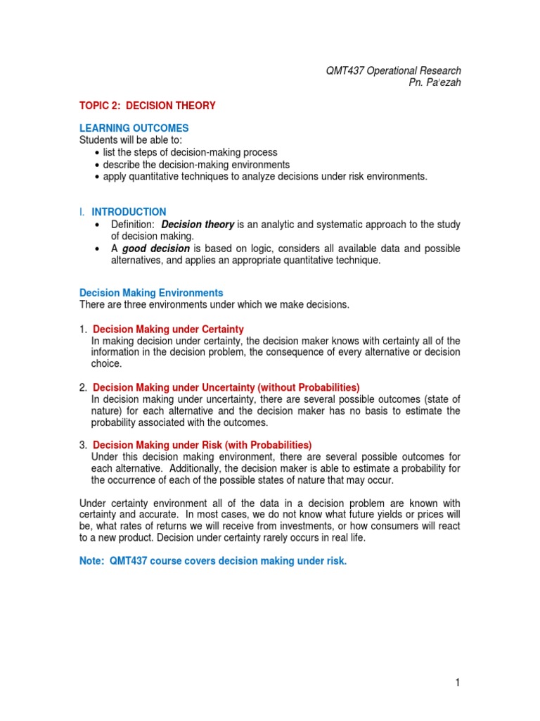 2.1 Decision Theory | PDF | Decision Theory | Decision Making