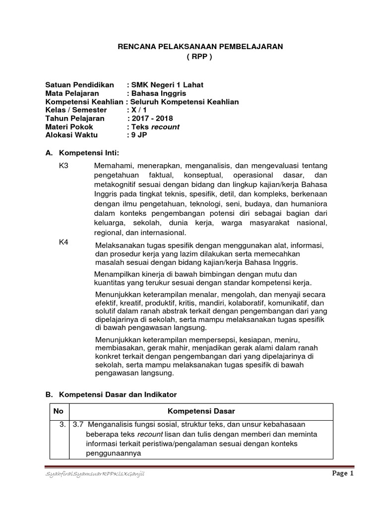 @6. Contoh RPP K 13 Revisi 2017 Kls X | PDF