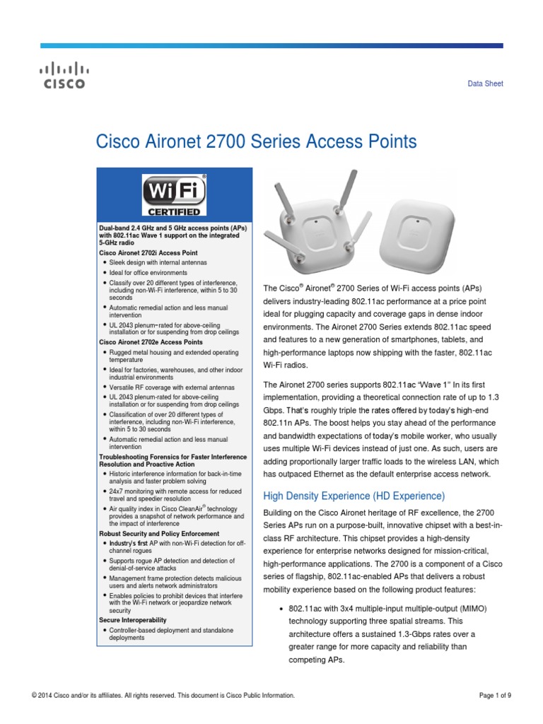 Cisco Aironet 2700 | Ieee 802.11 | Wireless Access Point