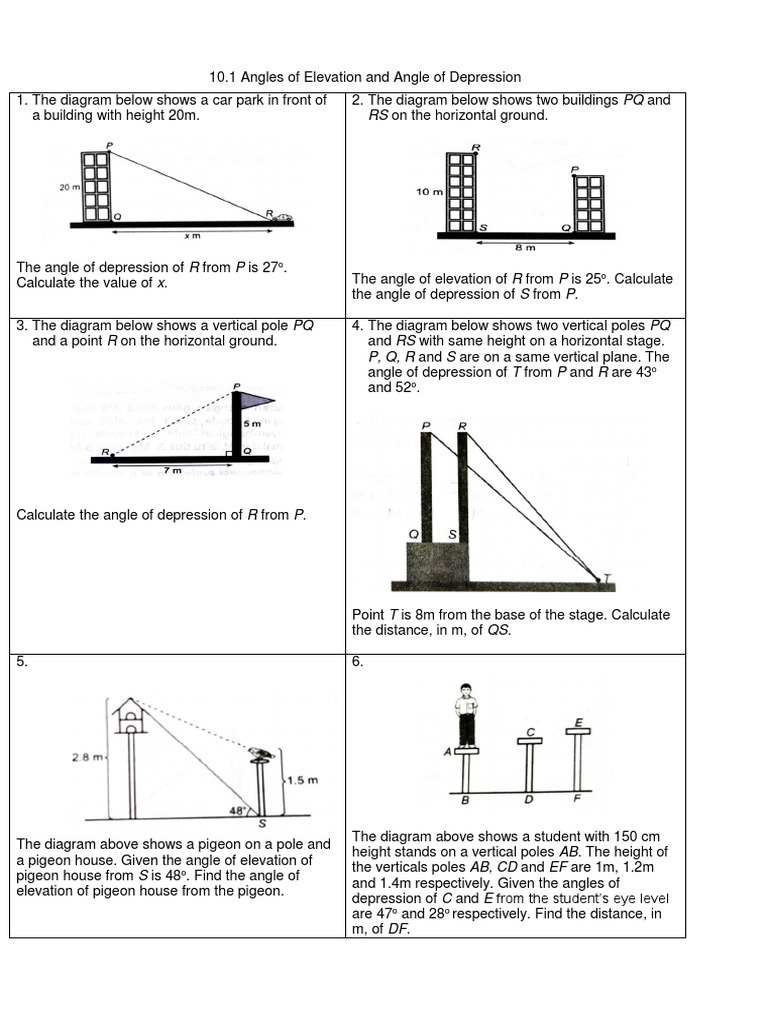 10.1 Angle of Elevation and Depression (1) - Exercise | PDF