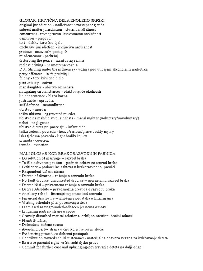 GLOSAR Krivicna Dela Brakorazvodna Parnica | PDF