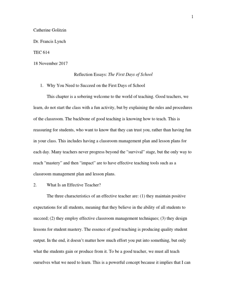 The First Days of School Reflections | PDF | Classroom Management ...