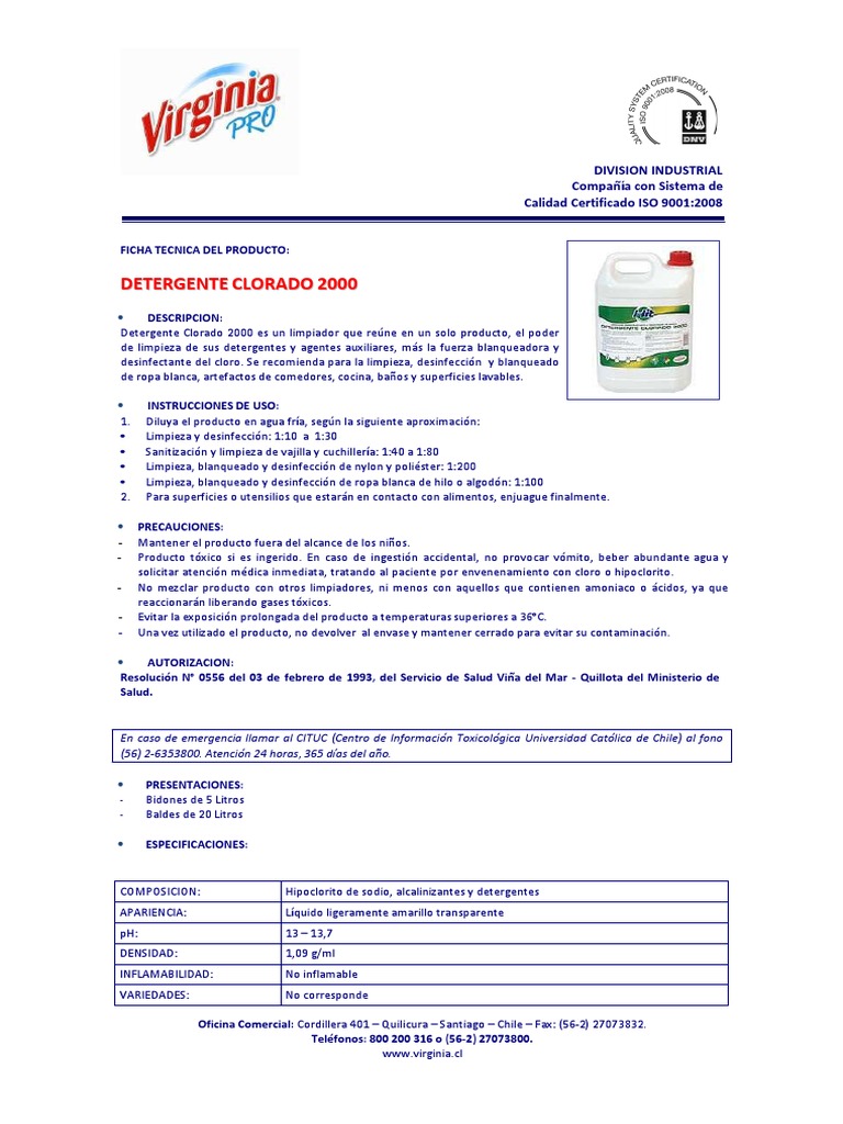 Ficha Tecnica Prducto Virginia Pro - Desinfectante Clorado | PDF | Desinfectante | Cloro